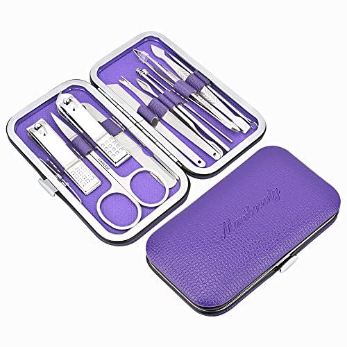 Manicure Set, 12 PCS Stainless Steel Manicure Kit with Fingernail Clippers and Toenail Clippers, Personal Care Nail Clipper Set with Leather Case for Women & Men (Purple) (12 Piece Set)