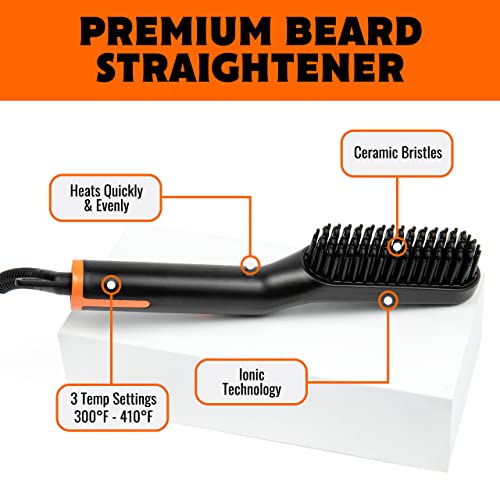 Tame The Wild Premium Beard Straightener - Ionic Anti-Scald Technology - Heated Beard Brush - 3 Temp Settings - Wooden Comb Included - Gift Set
