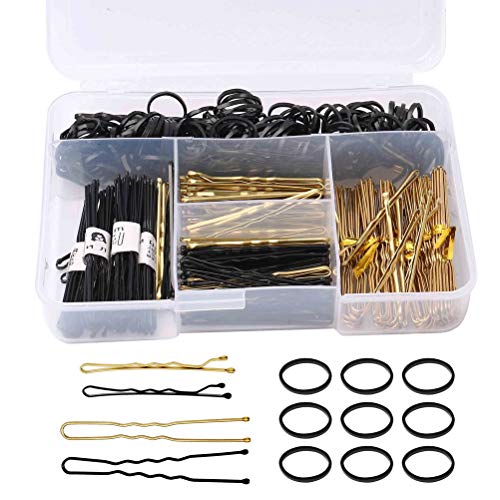 320 Pcs Bobby Pins U Hair Pins Set for Women Girls, Includes 200 Gold Black Different Shapes Hair Pins and 120 Rubber Hair Bands Stocking Stuffers for Women Kids