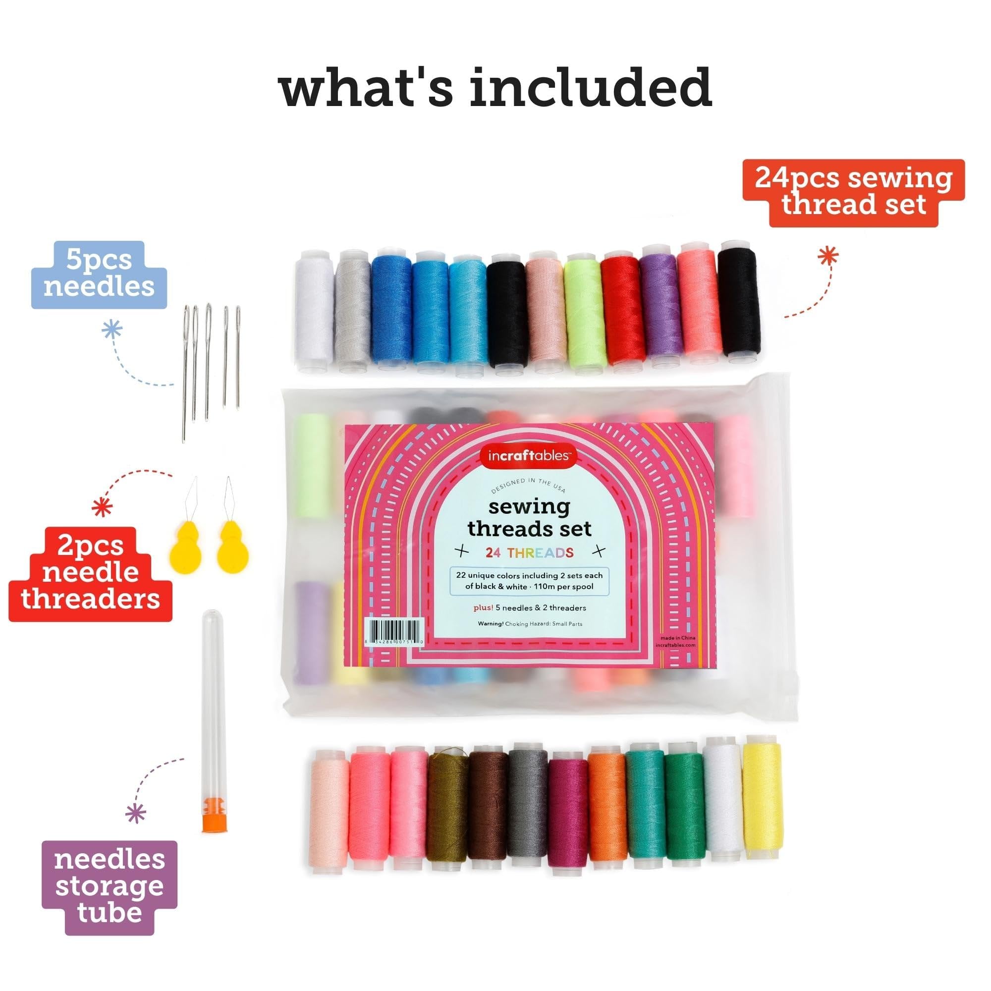 Incraftables Sewing Thread Assortment (24 Pcs Set). Best Polyester Thread for Sewing Machine (360ft per Spool). All Purpose Kit for DIY Embroidery, Quilting & Hand Stitching
