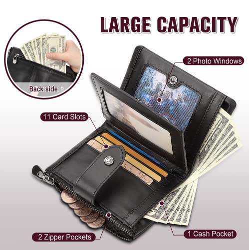 TEUEN Large Capacity RFID Blocking Genuine Leather Wallet for Men 11 Card Slots 2 ID Windows Snap Button Bifold Wallets