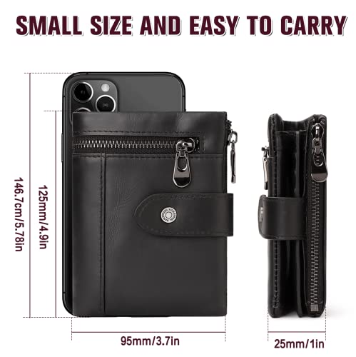TEUEN Large Capacity RFID Blocking Genuine Leather Wallet for Men 11 Card Slots 2 ID Windows Snap Button Bifold Wallets