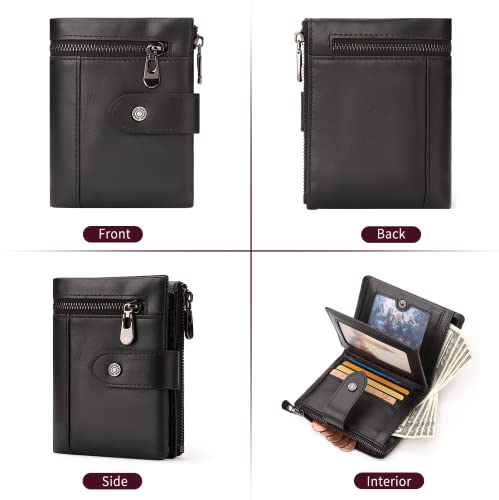 TEUEN Large Capacity RFID Blocking Genuine Leather Wallet for Men 11 Card Slots 2 ID Windows Snap Button Bifold Wallets