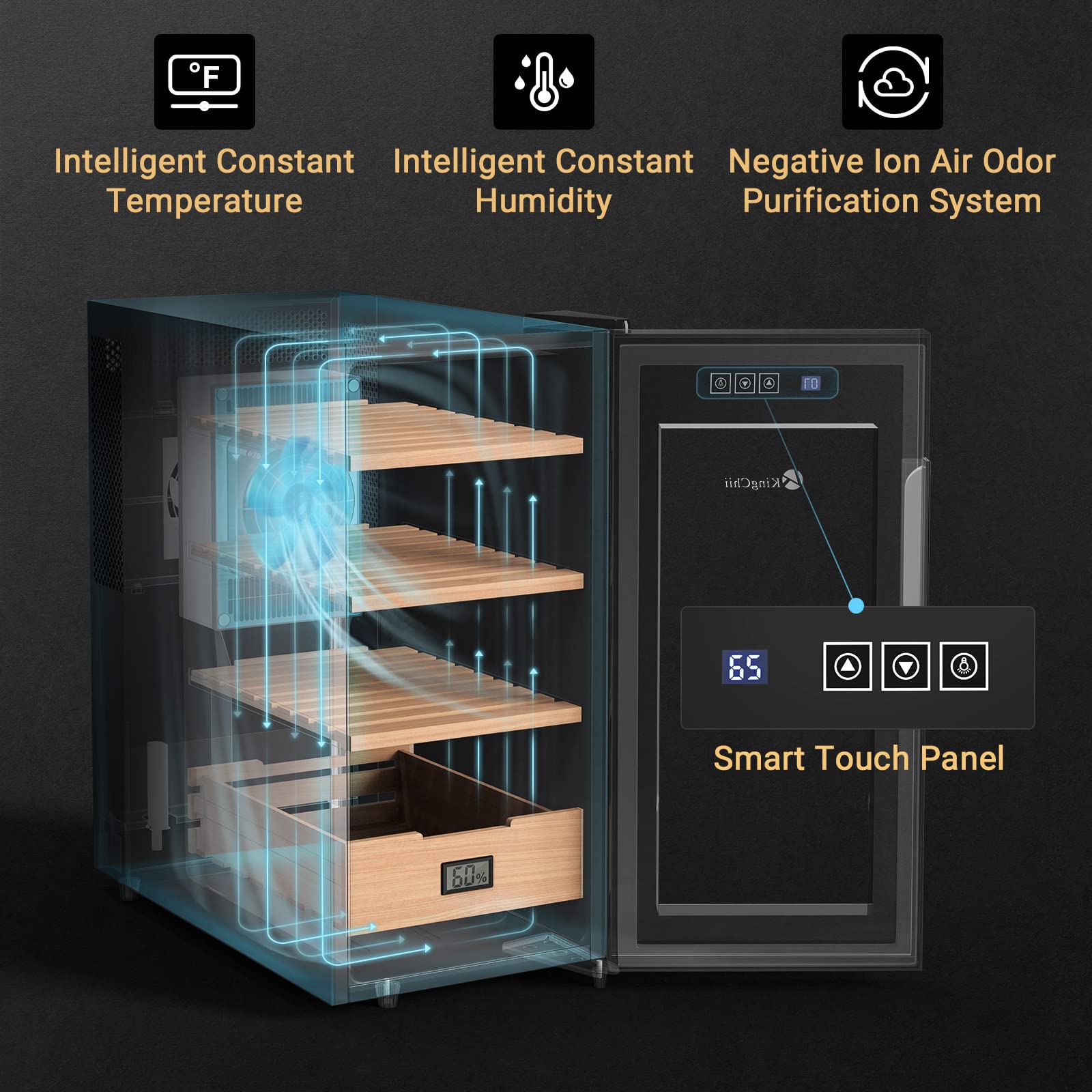 KingChii 26L Electric Cigar Humidors with Temperature Control System, Cigar Cabinet with Spanish Cedar Wood Shelves & Hygrometer, Father's Day Gifts for Men (4 Layers 200 Capacity)