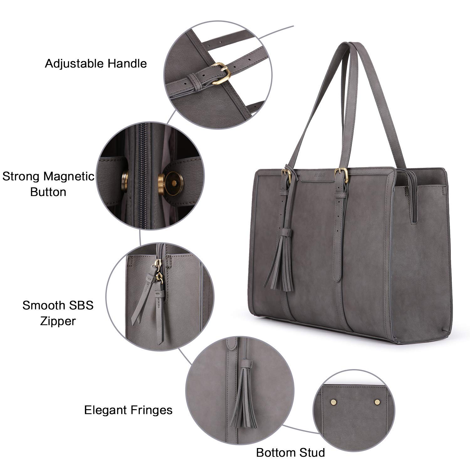 ECOSUSI Laptop Bag For Women 15.6 Inch Work Tote Bags PU Leather Computer Purse For Business Office With 3 Layer Compartments