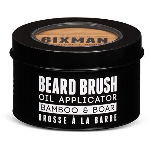 6IXMAN⢠BEARD BRUSH - BAMBOO AND BOAR BRISTLE â For Short to Medium Beards, Easy-grip handle, Travel Friendly, Exfoliating, Beard Oil Applicator â Includes Travel Tin