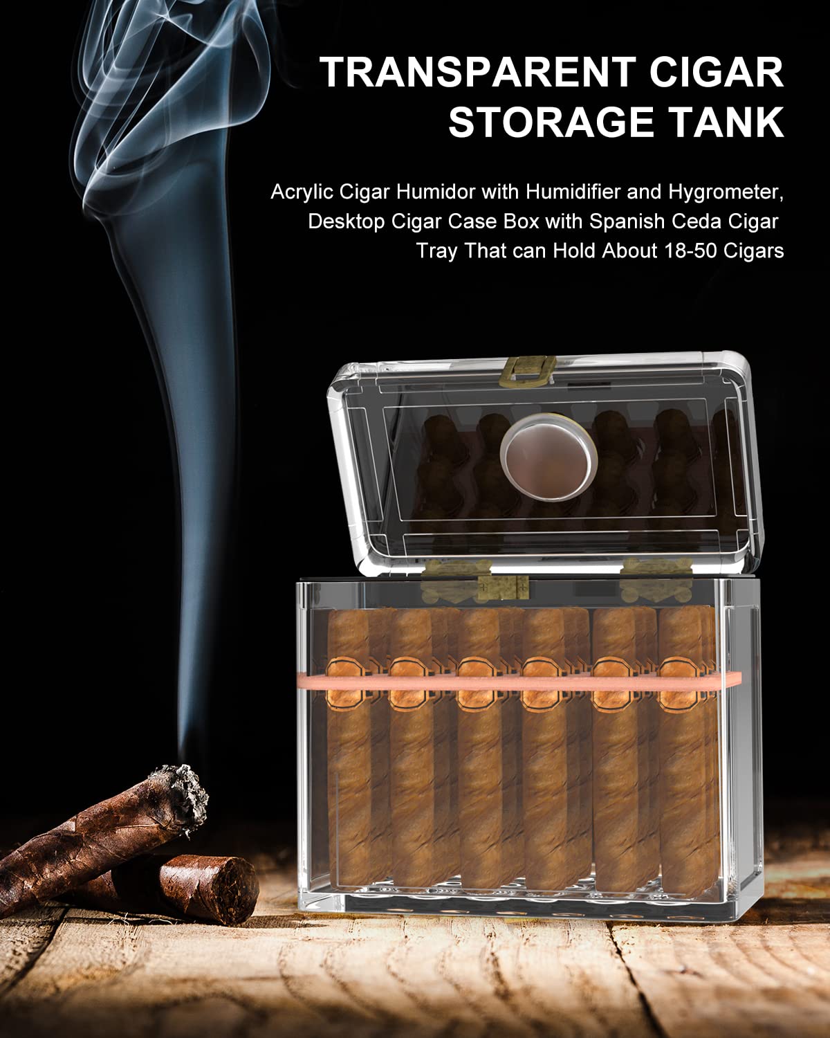 TISFA Acrylic Cigar Humidor with Humidifier and Hygrometer, Desktop Cigar Case Box with Spanish Cedar Cigar Tray That can Hold About 18-50 Cigars