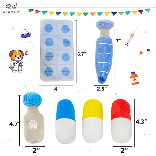 wowmolly Medicine Box Design Plush Chew Dog Toys Including Syringe 3 Pills Tablet Pill Potion Bottle Squeaky Interactive Custom Stuff Pet Toy for Small, Medium Dogs
