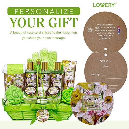 Home Spa Gift Baskets For Women, Bath and Body Gift Basket, Magnolia & Jasmine Home Spa Set, Fragrant Lotions, Bath Bomb, Towel, Shower Gloves, Green Wired Bread Basket & More, 13Pcs