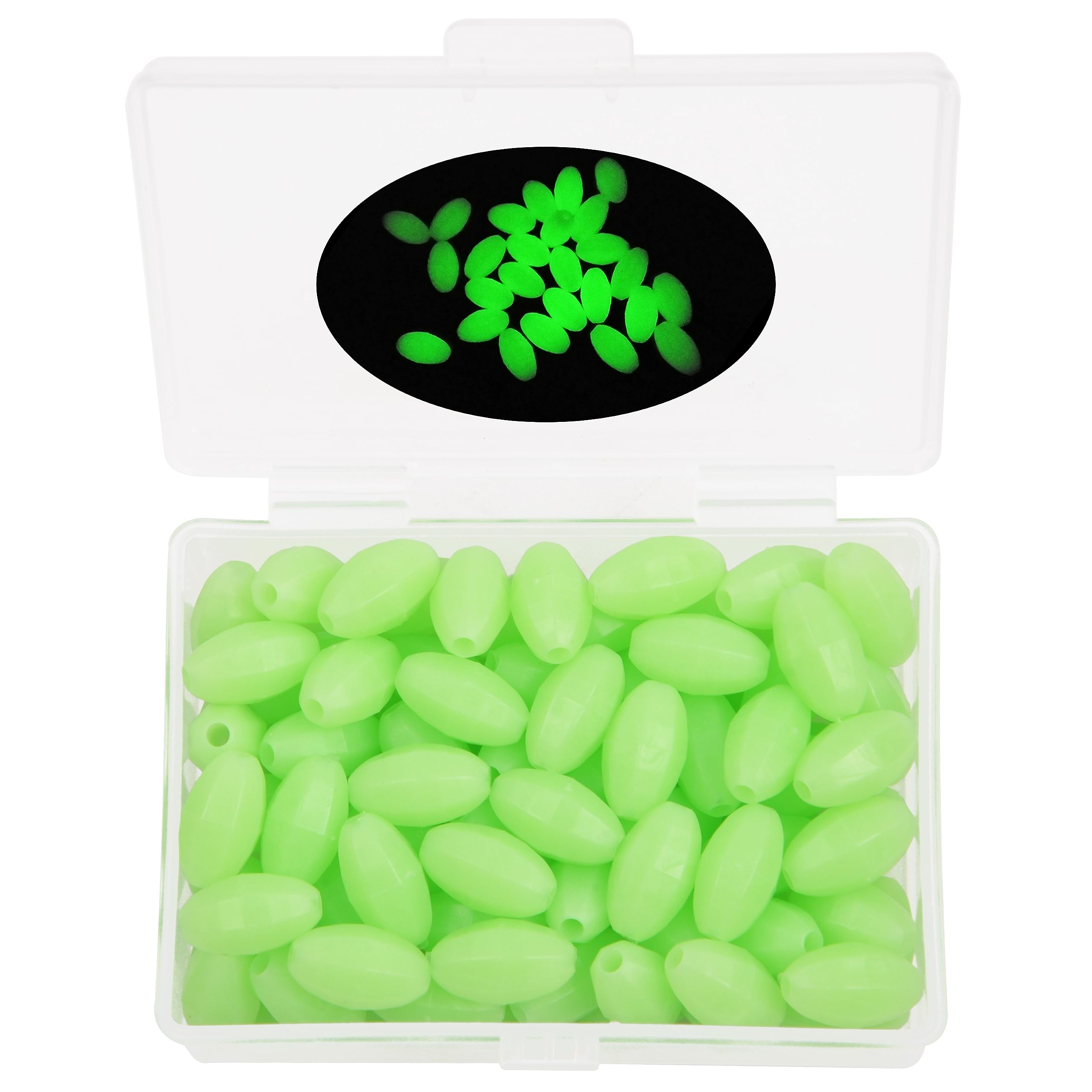 OROOTL Glow Beads Fishing Saltwater, 100pcs Hard Plastic Luminous Fishing Beads Green White Fish Beads Assortment Oval Egg Bead Lures Sea Fishing Tool