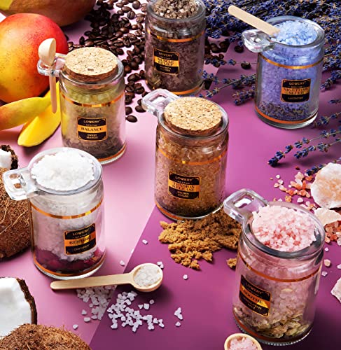 Bath Salts Gift Set with Lavender, Arabica Coffee, Mango, Sugar, Himalayan & Coconut, 6pc Bath Soaks, Relaxing Spa Salt with Essential Oils, Vitamin E, Jojoba Oil, Shea Butter, Fresh Herbs