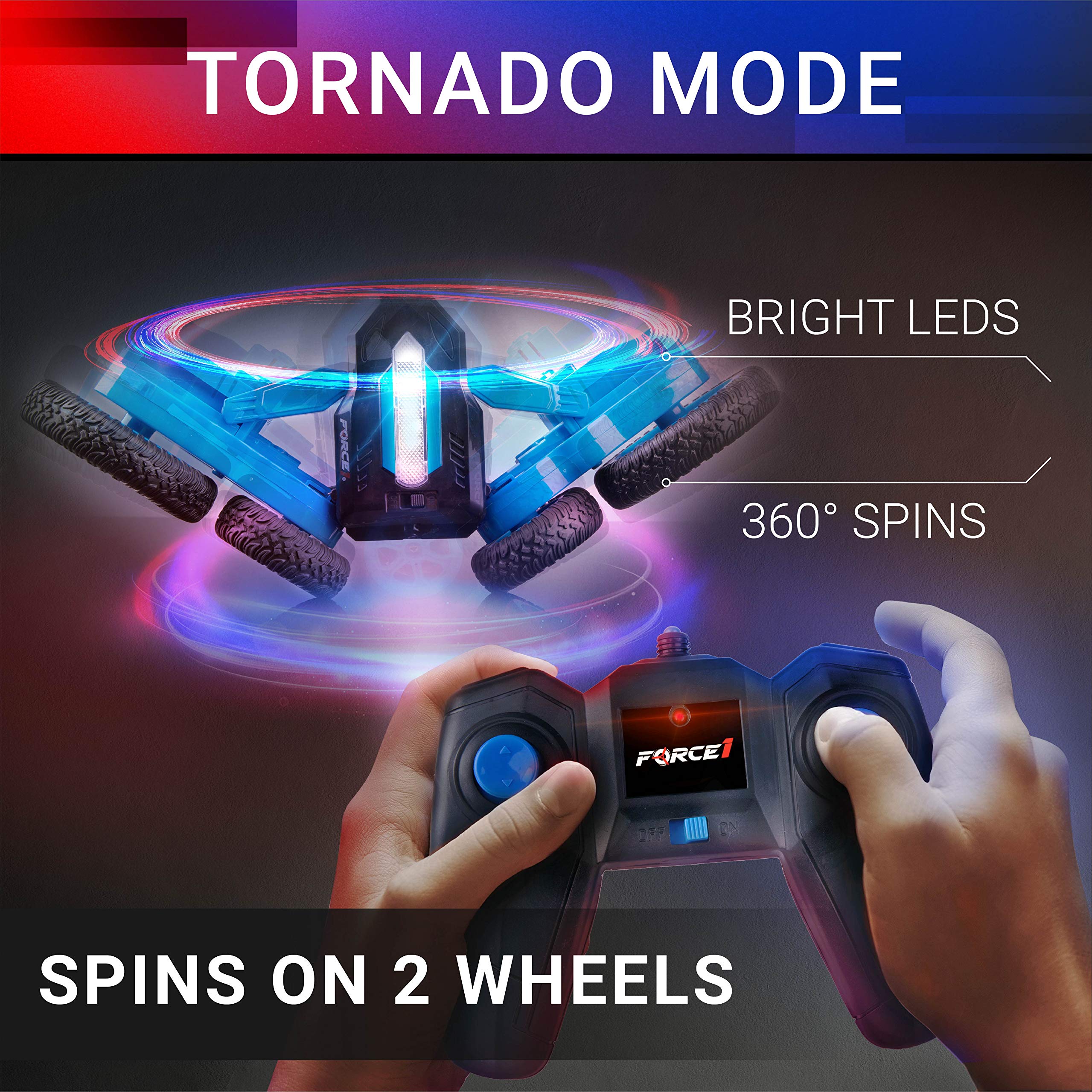 Force1 Tornado Remote Control Car AND Dino Whirler Triceratops Stunt Car Bundle- (1) Double Sided Fast Off-Road RC Stunt Car RC Crawler Rechargeable and (1) Fast Remote Control Mini Stunt Car for Kids