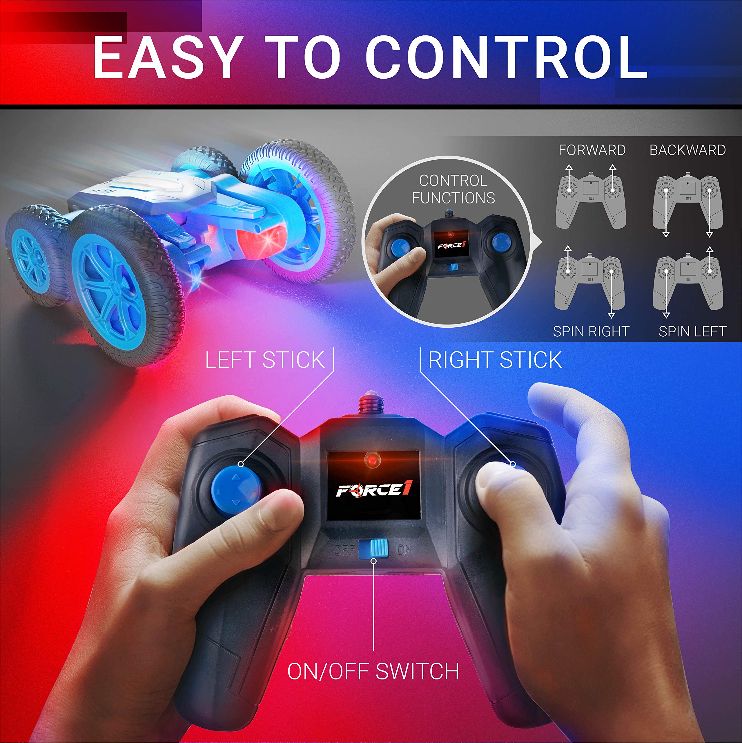 Force1 Tornado Remote Control Car AND Dino Whirler Triceratops Stunt Car Bundle- (1) Double Sided Fast Off-Road RC Stunt Car RC Crawler Rechargeable and (1) Fast Remote Control Mini Stunt Car for Kids