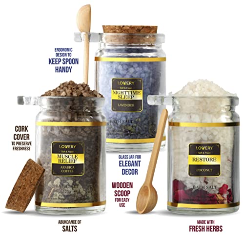 Bath Salts Gift Set with Lavender, Arabica Coffee, Mango, Sugar, Himalayan & Coconut, 6pc Bath Soaks, Relaxing Spa Salt with Essential Oils, Vitamin E, Jojoba Oil, Shea Butter, Fresh Herbs