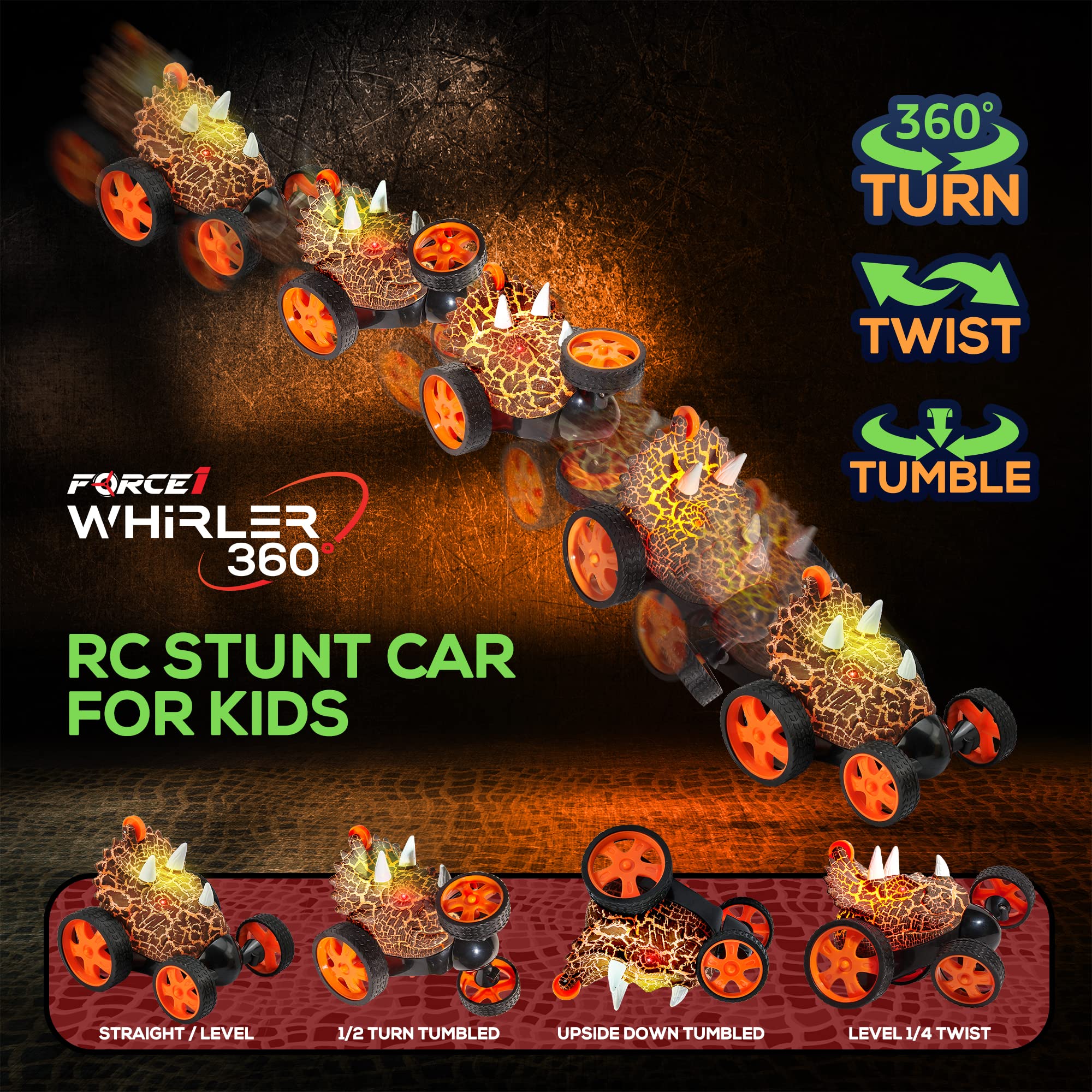 Force1 Tornado Remote Control Car AND Dino Whirler Triceratops Stunt Car Bundle- (1) Double Sided Fast Off-Road RC Stunt Car RC Crawler Rechargeable and (1) Fast Remote Control Mini Stunt Car for Kids