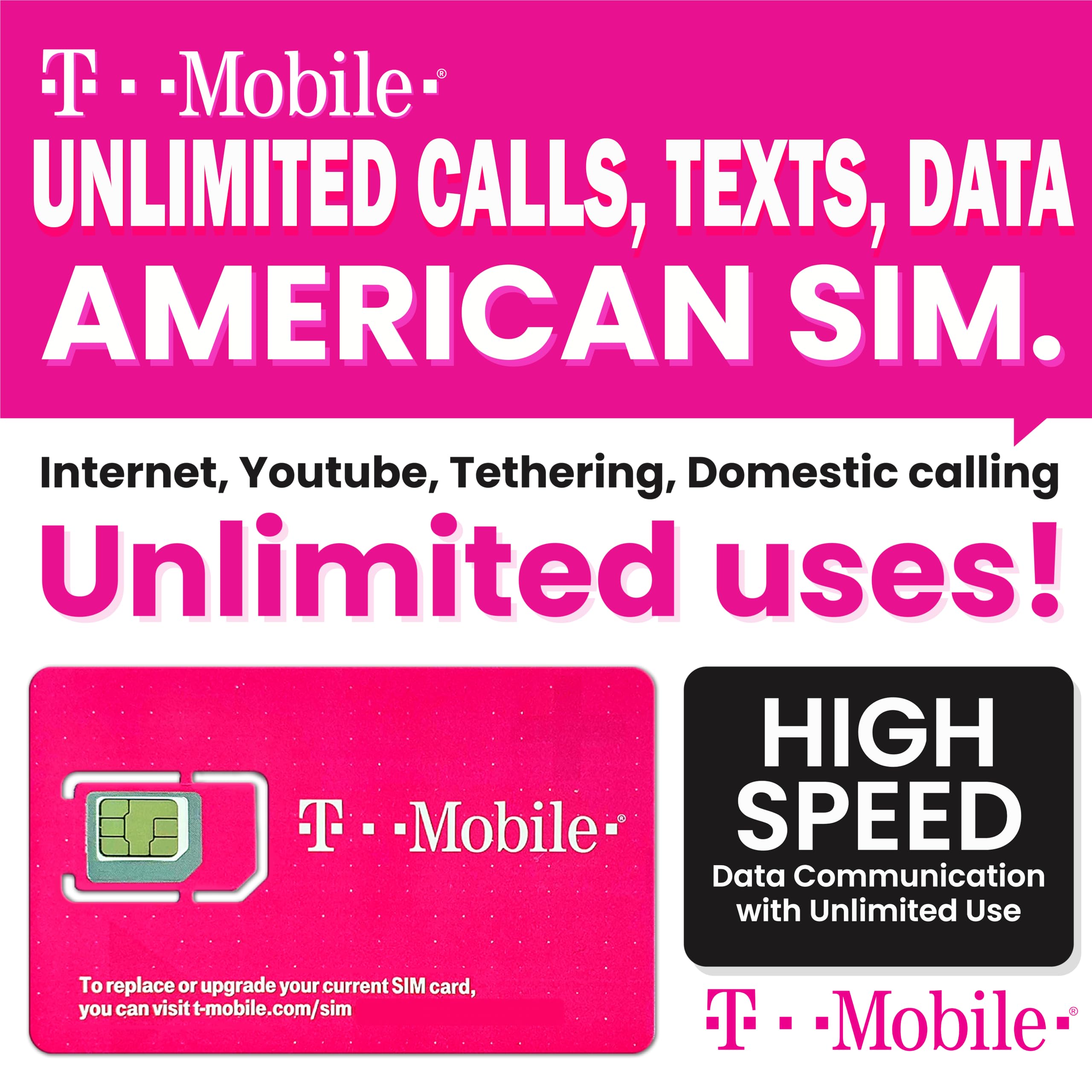 T-Mobile Prepaid USA SIM Card (90 Day) | 5G/4G-LTE Unlimited High Speed Data/Calls/Texts() Prepaid SIM Card for USA| Phone use only not for Modem |