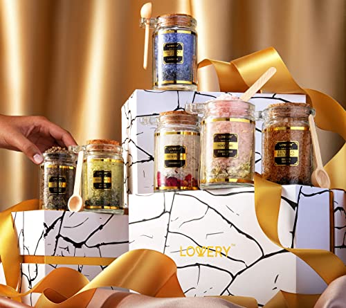 Bath Salts Gift Set with Lavender, Arabica Coffee, Mango, Sugar, Himalayan & Coconut, 6pc Bath Soaks, Relaxing Spa Salt with Essential Oils, Vitamin E, Jojoba Oil, Shea Butter, Fresh Herbs