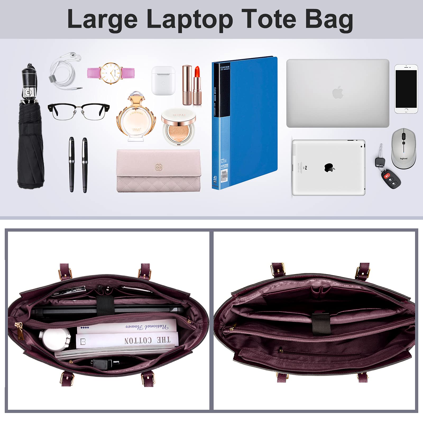 Laptop Bag for Women 15.6 Inch Large Capacity Laptop Tote Bag Waterproof Lightweight Leather Shoulder Handbag Professional Office Briefcase Classy Computer Work Bag, Wine Red