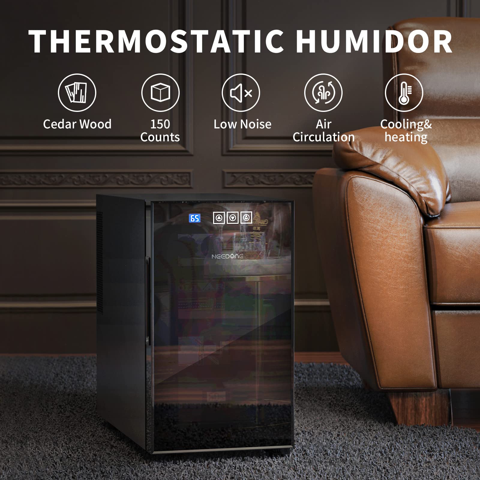 NEEDONE Humidor 23L with Cooling and Heating Temperature Control System, Electric Cooler for 150 Counts with Digital Hygrometer, Made with Spanish Cedar Wood, Gift for Men, 3 Layers