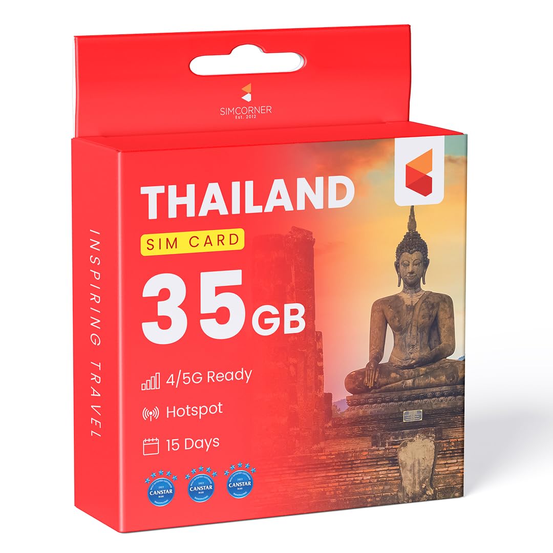 SimCorner Thailand Travel SIM Card (35GB, 15 Days) - AIS SIM for Tourists w/Free AIS WiFi & Prepaid Talktime - 3-in-1 4G Hotspot Card: Standard, Micro, Nano SIM for Unlocked Phones