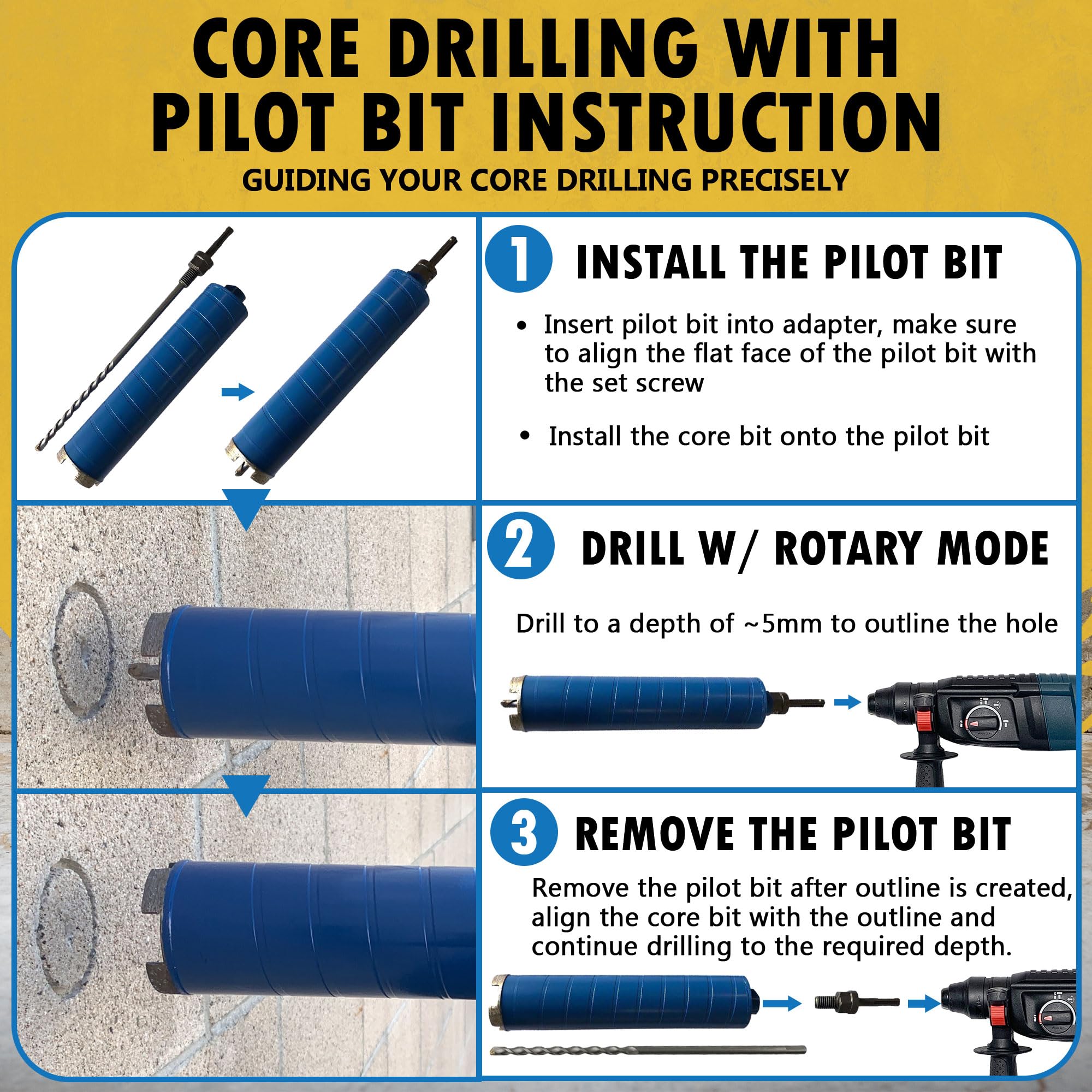 2" Diamond Dry Core Bit for Brick and Block with SDS Plus Pilot Bit Adapter, 9.5" Drilling Depth