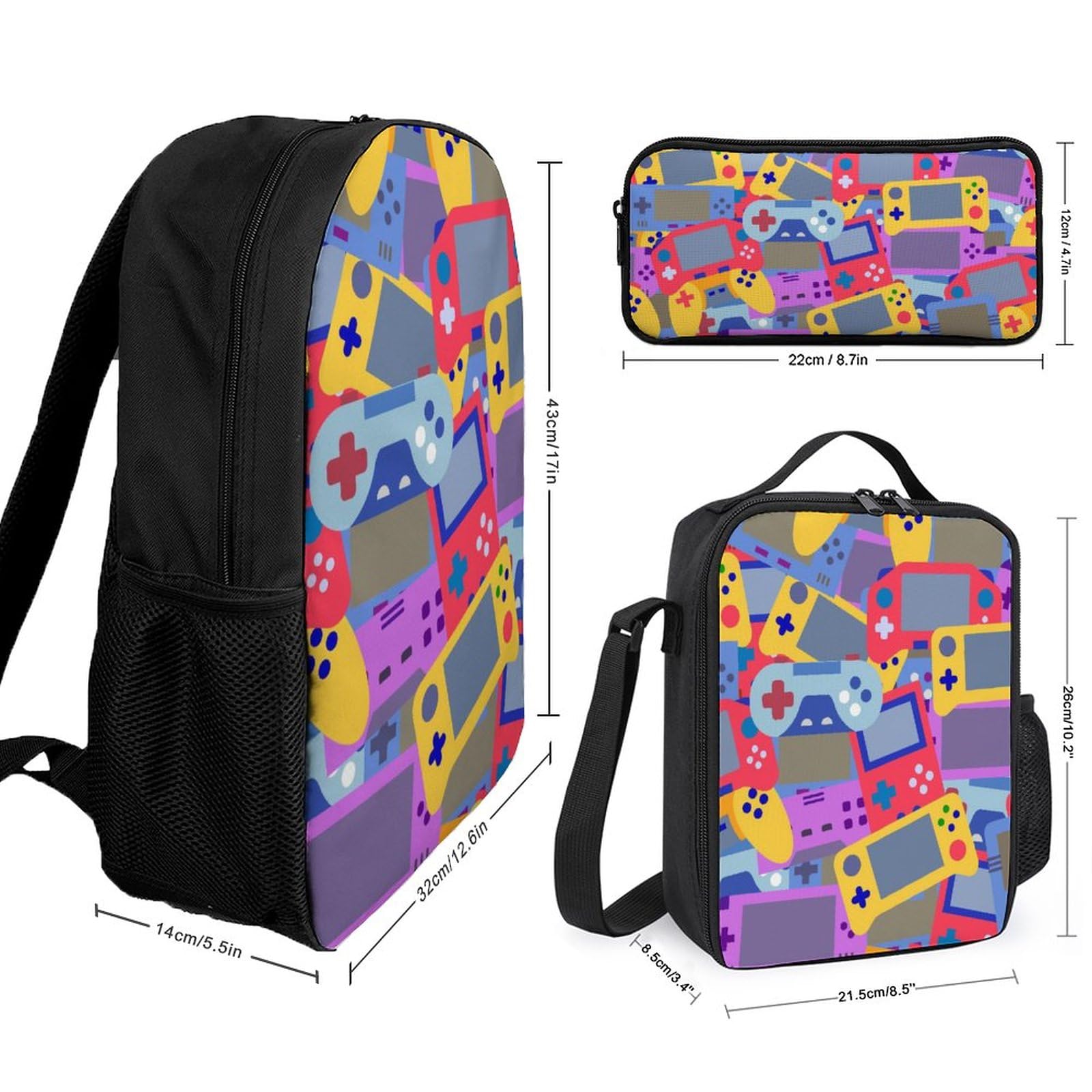 NAWFIVE Game Devices Pattern Backpack with Lunch Box And Pencil Case Set Joysticks Gamepad Controller Travel Daypack Bookbag for Men Women Laptop Backpack 3pcs