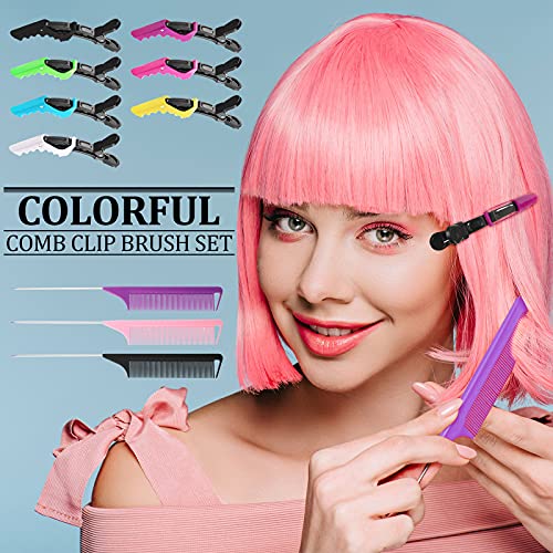 12 Pieces Rat Tail Combs Hair Clips Set,3 Rat Tail Combs 7 Alligator Hair Clips Pin Rat Tail Teasing Parting Combs and Mini Rubber Bands,Hair Styling Braiding Comb for Women Girls (Delicate Color)