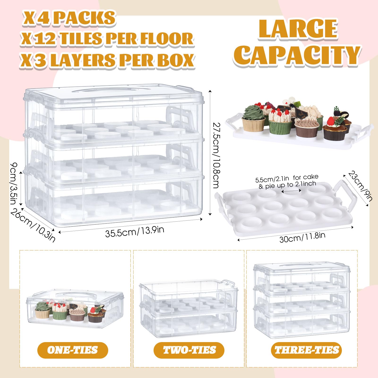 Bokon 4 Pcs 3 Tier Cupcake Carrier Stackable Cupcake Holder with Lid and Handle Plastic Cupcake Transport Container Cupcake Storage for Holding 36 Cupcakes or 3 Large Cakes, Clear