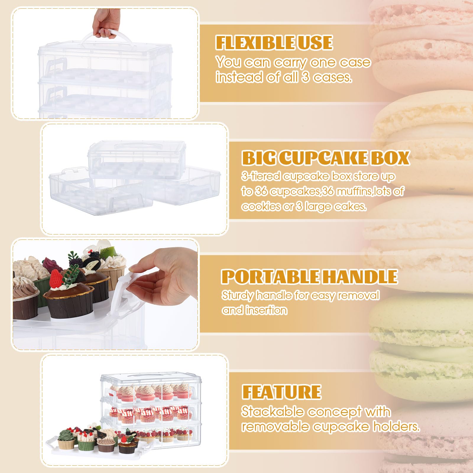 Bokon 4 Pcs 3 Tier Cupcake Carrier Stackable Cupcake Holder with Lid and Handle Plastic Cupcake Transport Container Cupcake Storage for Holding 36 Cupcakes or 3 Large Cakes, Clear