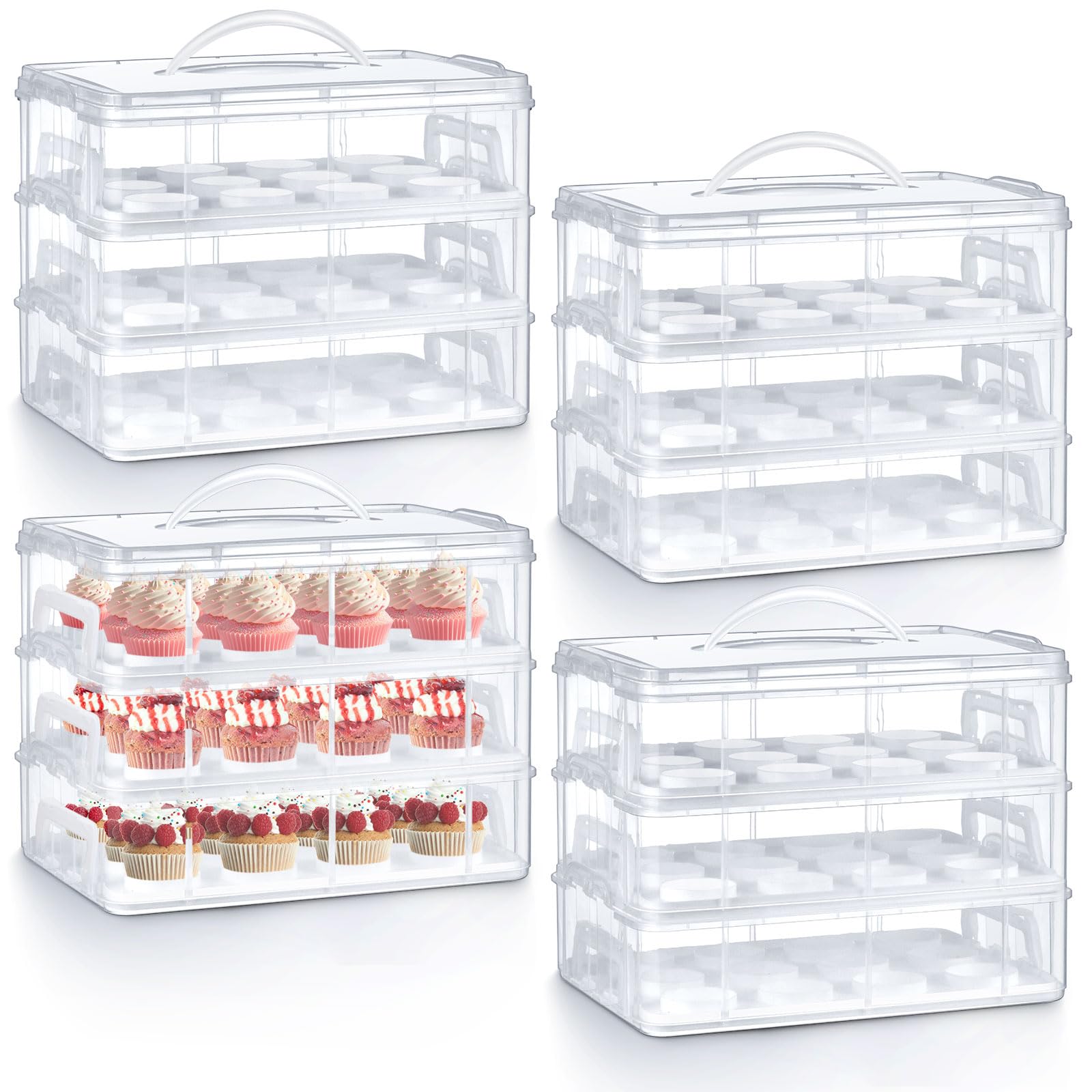 Bokon 4 Pcs 3 Tier Cupcake Carrier Stackable Cupcake Holder with Lid and Handle Plastic Cupcake Transport Container Cupcake Storage for Holding 36 Cupcakes or 3 Large Cakes, Clear