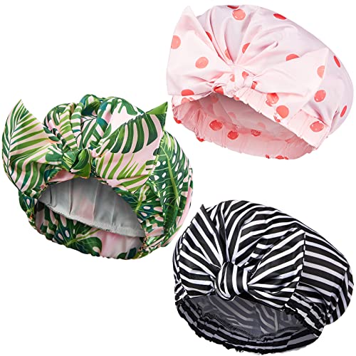3 Pieces Shower Caps for Women, Waterproof Reusable Shower Hair Caps Elastic Hem Turban Shower Bath Caps for Long, Short and Curly Hair for Women Girls (Stripe, Coconut Palm and Polka Dot Pattern)