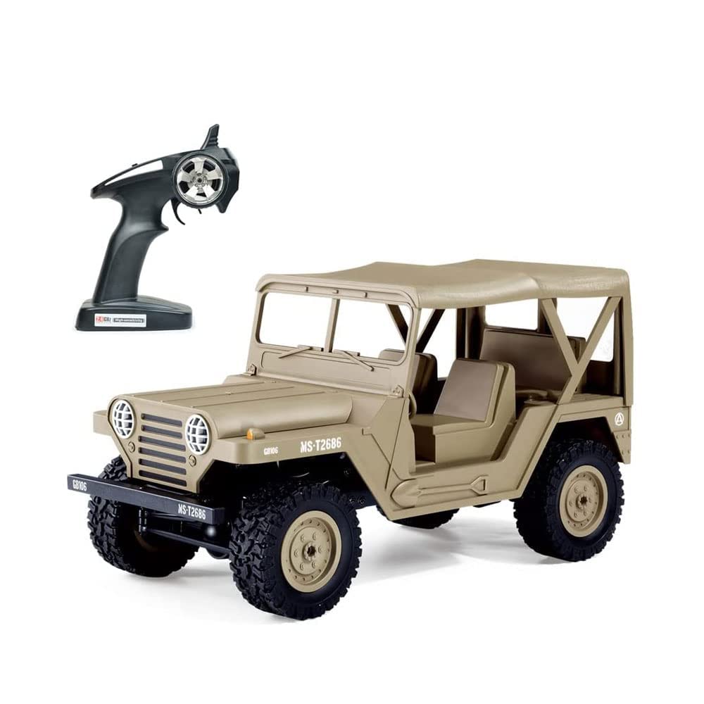 QIYHBVR 1/14, 4x4 Hobby Grade RTR RC Car Mini RC Rock Crawler Military, 2.4Ghz RC Truck with Removable Tools, LED Lights, Battery and USB Charger for Adults