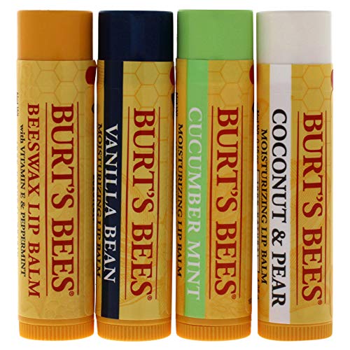 Burt’s Bees Holiday Gift, 4 Lip Balm Stocking Stuffer Products, Beeswax Bounty Assorted Set - Original Beeswax, Vanilla Bean, Cucumber Mint & Coconut Pear (Old Verison)