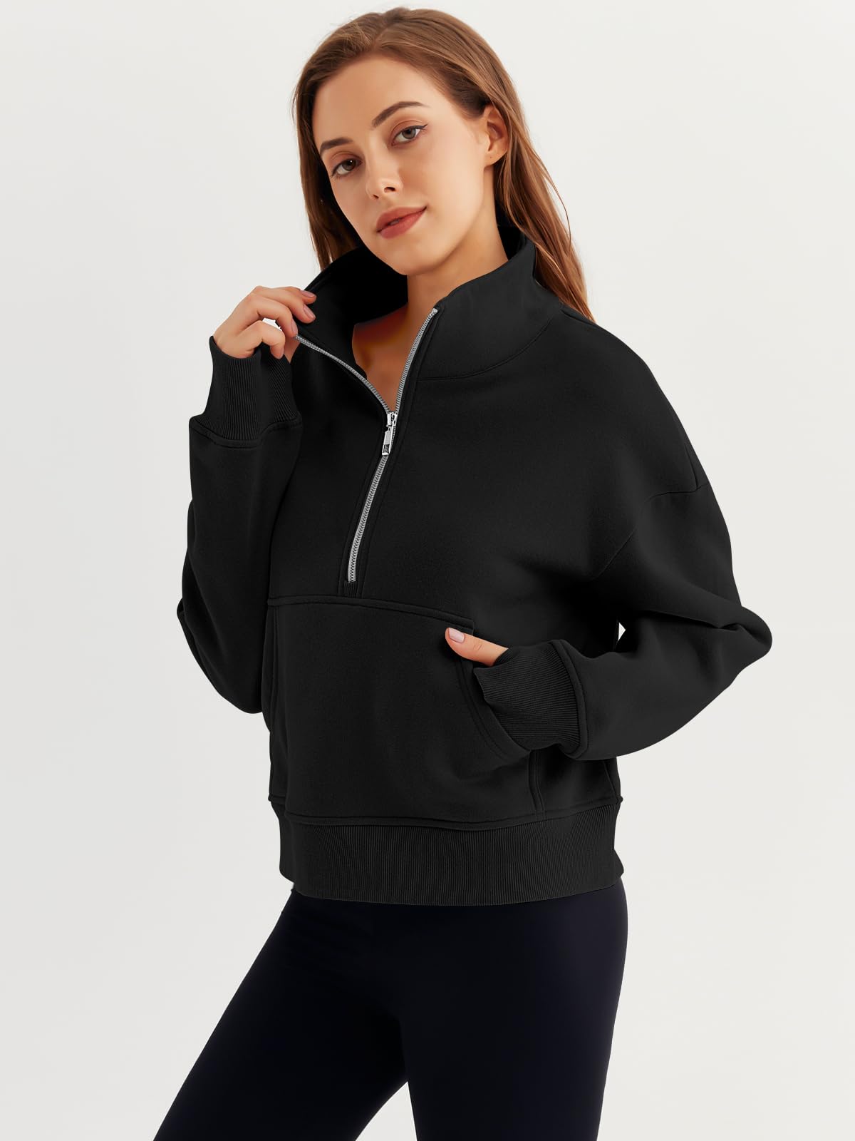 Trendy Queen Womens Half Zip Cropped Pullover Oversized Sweatshirts Fleece Quarter Zipper Hoodies Winter Clothes Sweaters Thumb Hole Black