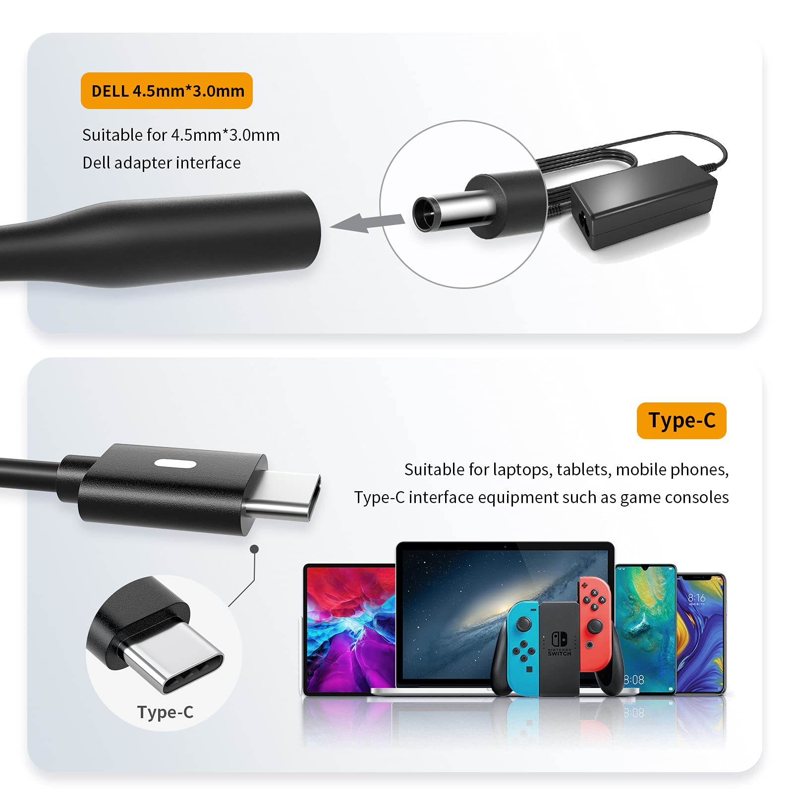 USB C Cable PD 4.5 x 3.0mm Male to DC Female 12V 19V 20V Adapter, USB-C to 4.5x3.0mm 100w 19.5V Adapter Made fit for Dell Inspiron Vostro Laptop Series