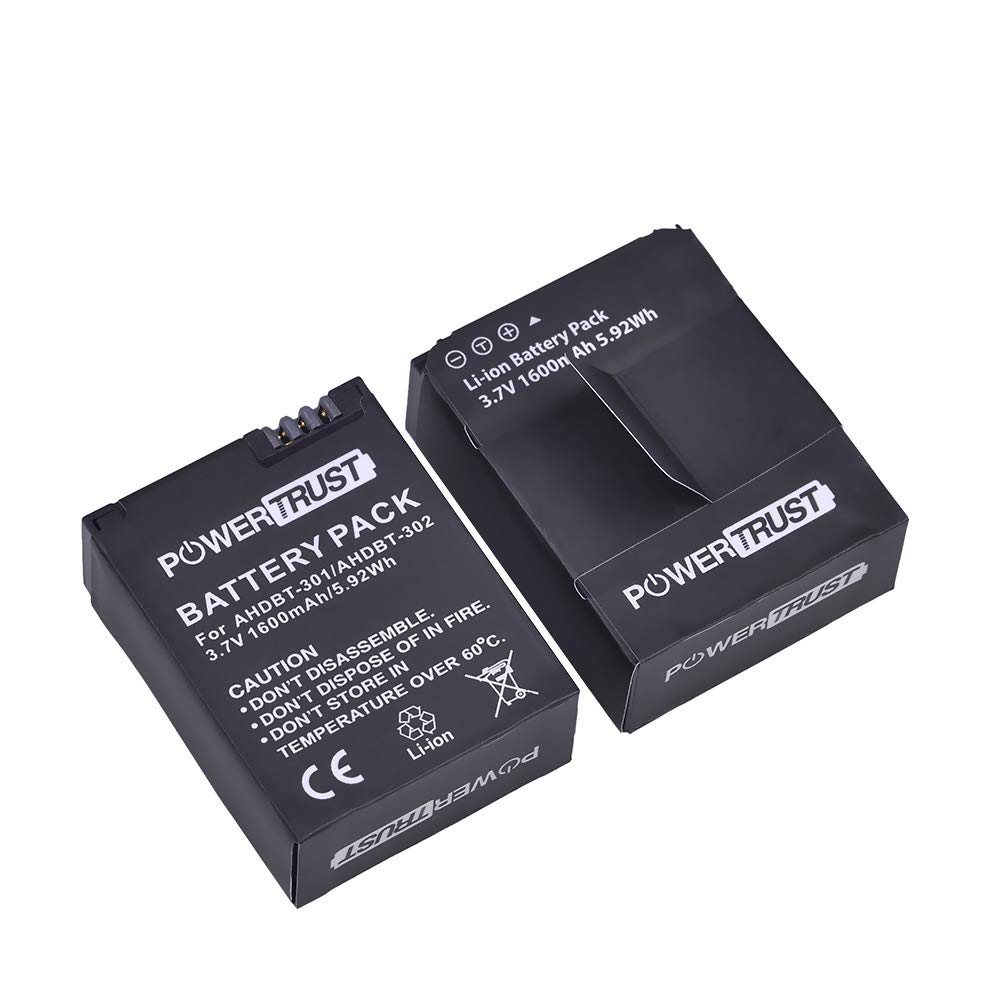 PowerTrust 3Pcs 3.7V 1600mAh AHDBT-301 Battery for GoPro Hero3 AHDBT301 AHDBT-302 AHDBT-201 Li-ion Camera Battery and LCD USB Dual Charger