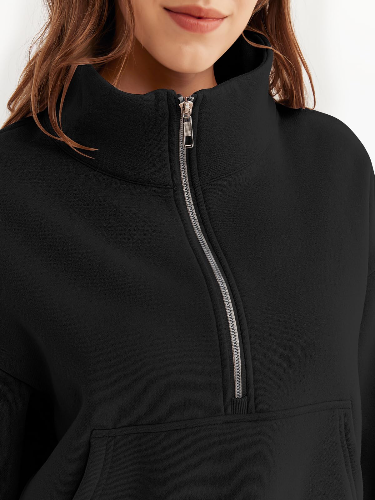 Trendy Queen Womens Half Zip Cropped Pullover Oversized Sweatshirts Fleece Quarter Zipper Hoodies Winter Clothes Sweaters Thumb Hole Black