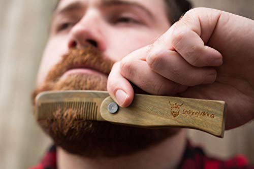 Striking Viking Folding Wooden Comb - Men's Hair, Beard & Mustache Comb - Pocket Sized Sandal Wood Comb for Everyday Grooming, Use Dry or with Balms and Oils - Beard Gift for Men