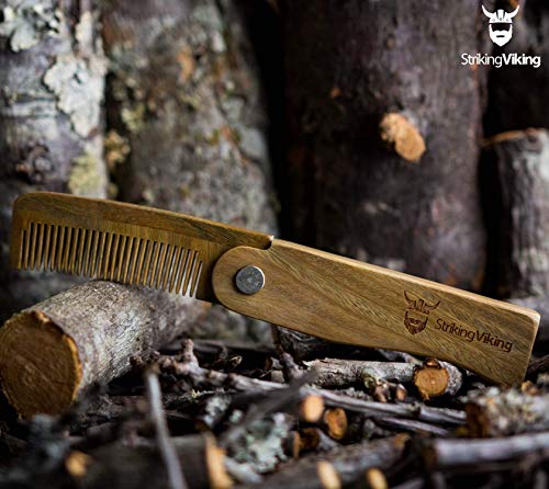 Striking Viking Folding Wooden Comb - Men's Hair, Beard & Mustache Comb - Pocket Sized Sandal Wood Comb for Everyday Grooming, Use Dry or with Balms and Oils - Beard Gift for Men