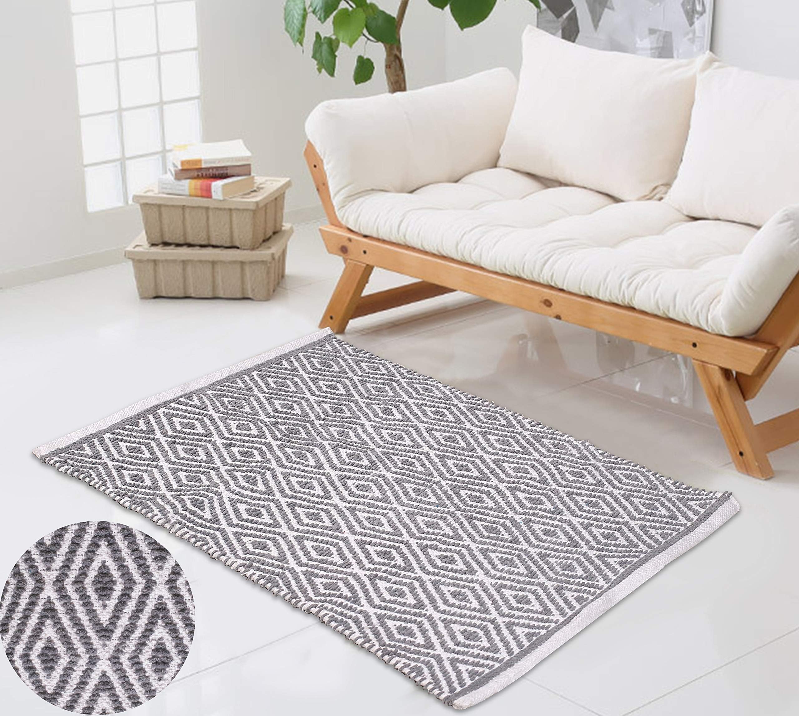 THE BEER VALLEY Cotton Diamond Rug 21x34 Inches - Grey, Reversible Machine Washable Accent Rugs for Bedroom, Kitchen, Entryway, Bathroom