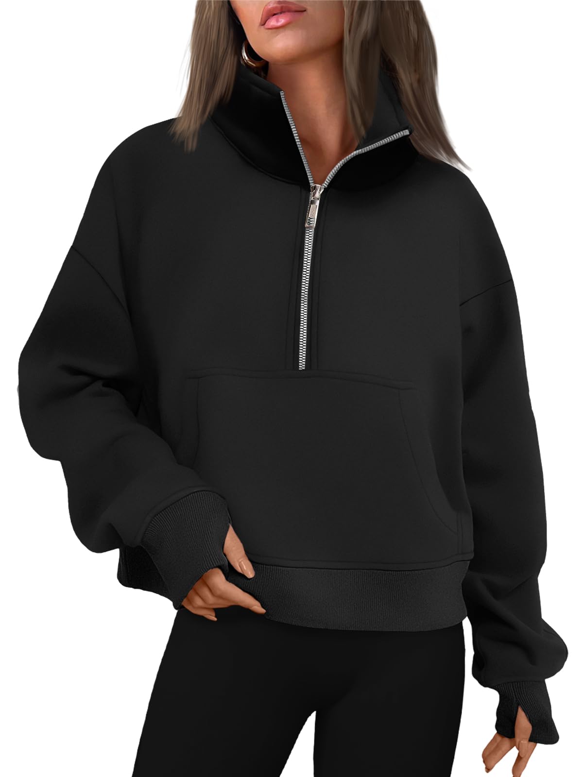 Trendy Queen Womens Half Zip Cropped Pullover Oversized Sweatshirts Fleece Quarter Zipper Hoodies Winter Clothes Sweaters Thumb Hole Black
