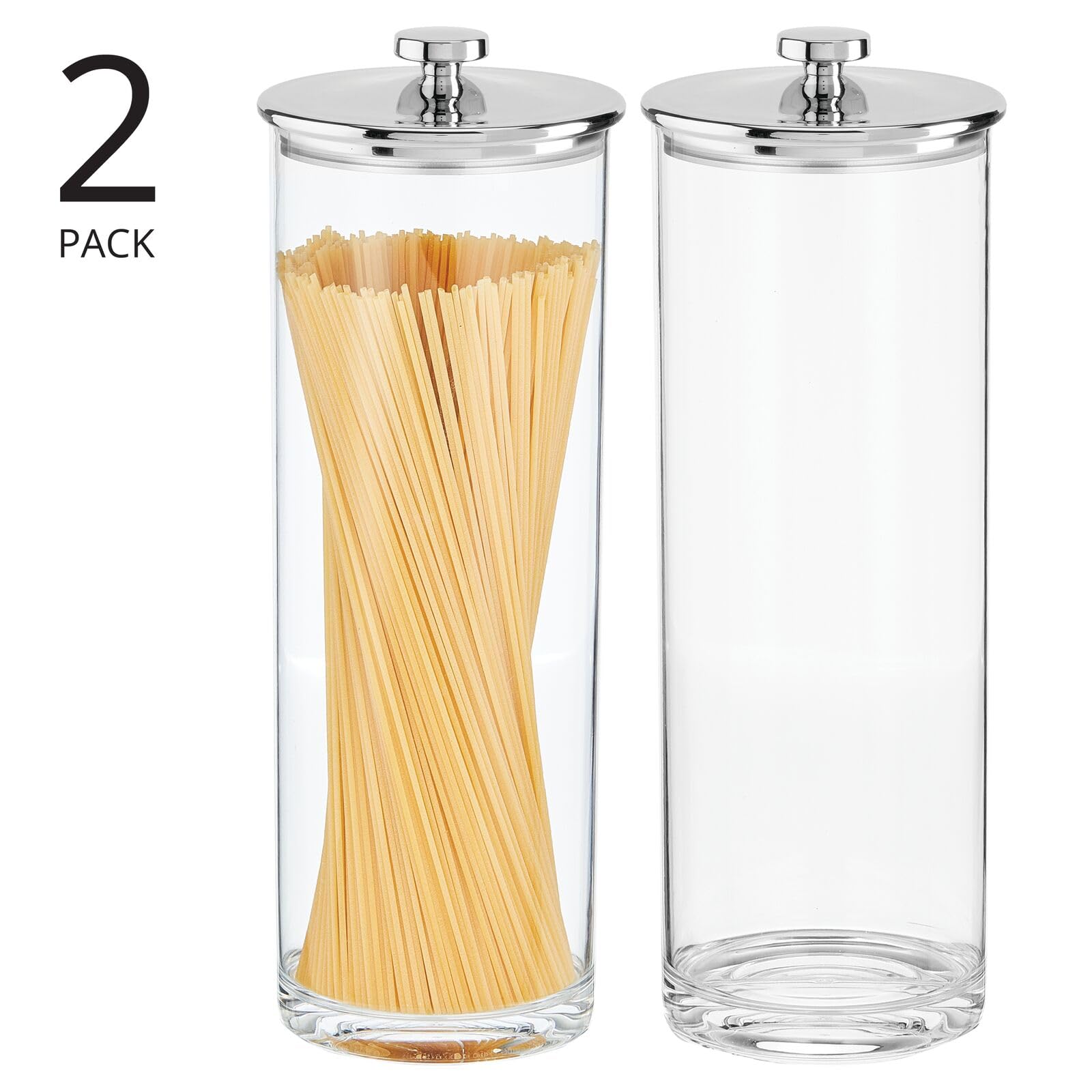 mDesign Tall Acrylic Airtight Apothecary Storage Organizer Canister Jars - Plastic Containers with Lid for Kitchen - Holder for Pantry or Countertop, Lumiere Collection, 2 Pack, Clear/Chrome