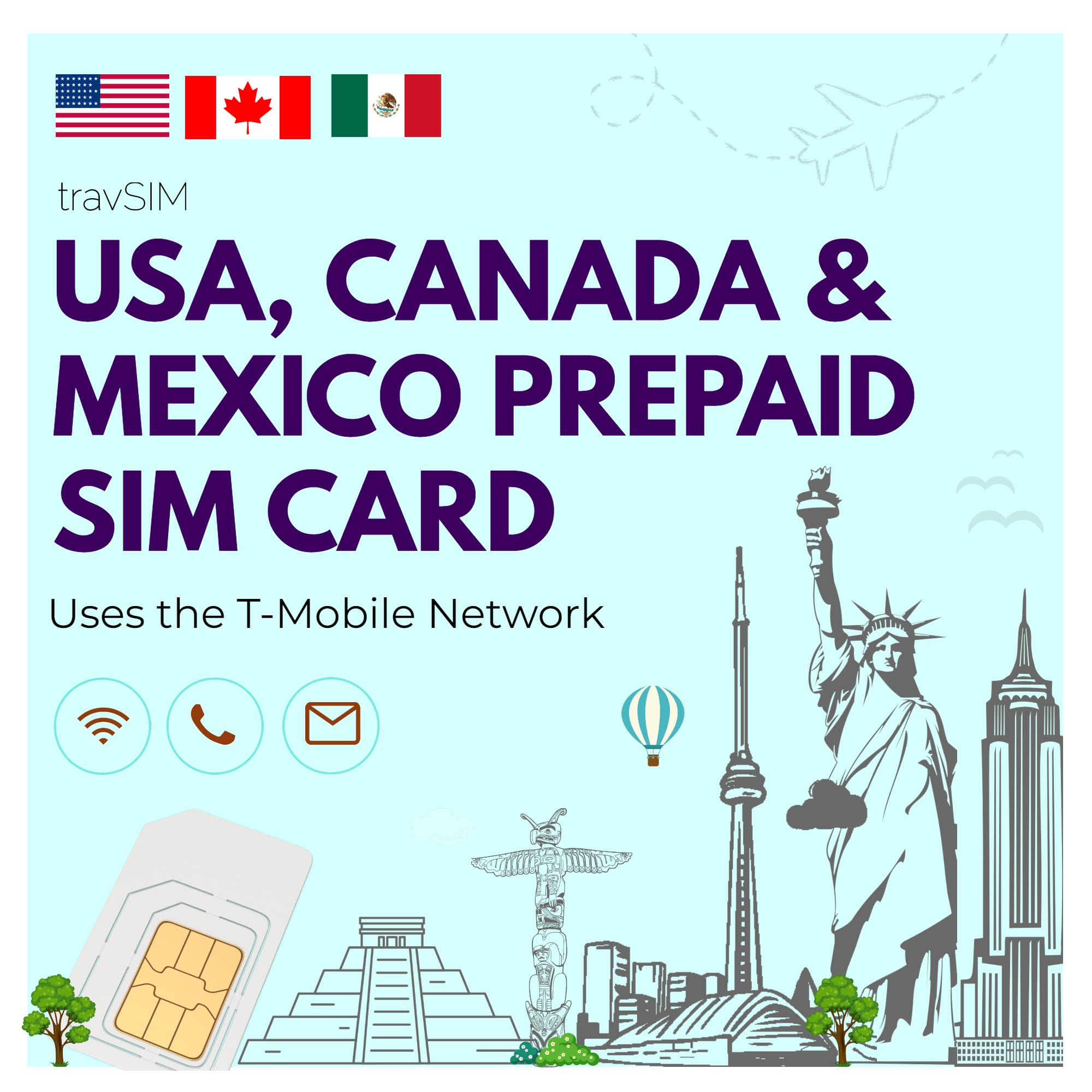 travSIM North America SIM Card| T-Mobile Network | 50GB Data for The USA, 5GB for Canada & Mexico | Unlimited National Calls & Texts | Valid for 7 Days