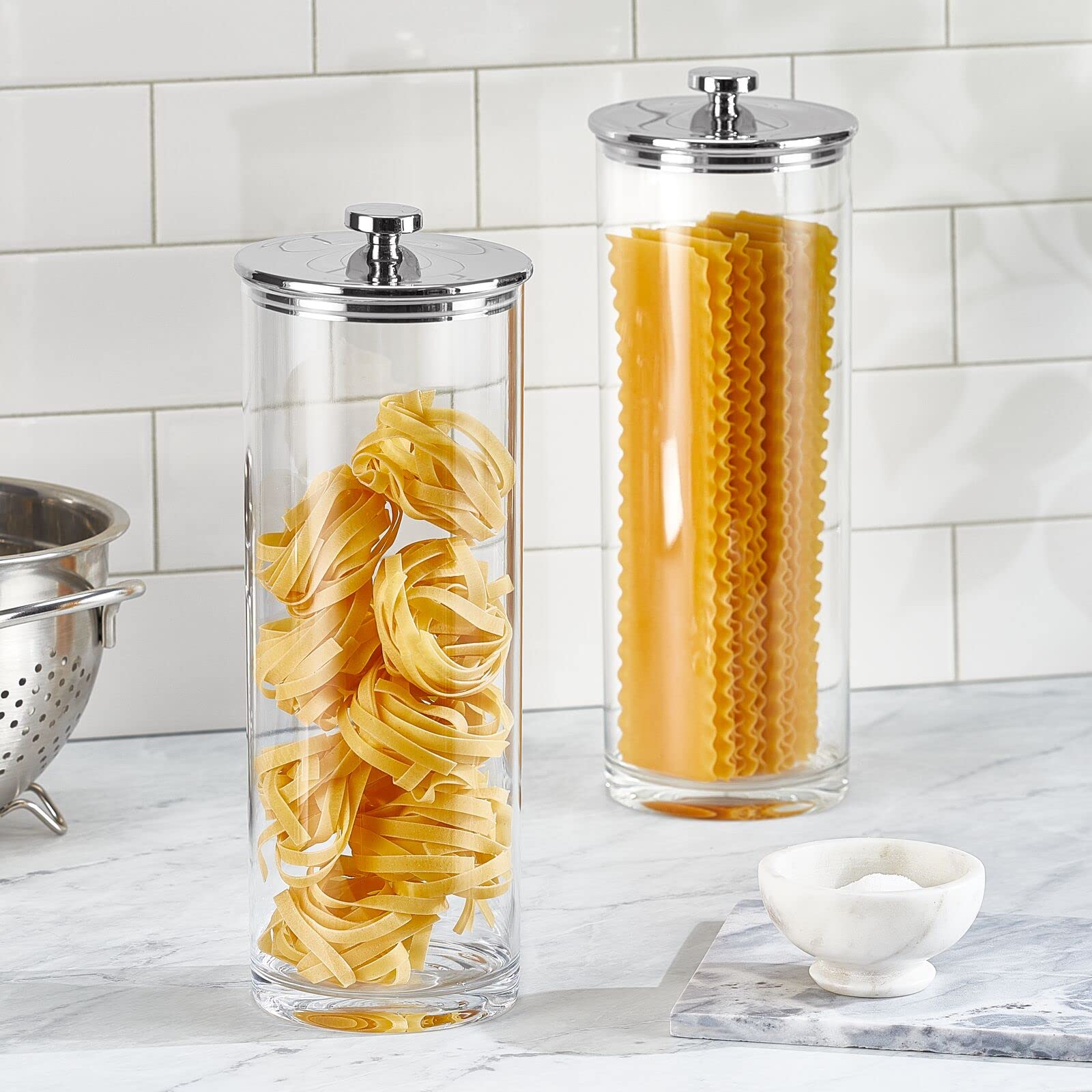 mDesign Tall Acrylic Airtight Apothecary Storage Organizer Canister Jars - Plastic Containers with Lid for Kitchen - Holder for Pantry or Countertop, Lumiere Collection, 2 Pack, Clear/Chrome
