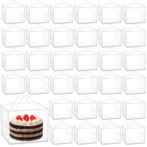 32 Pcs Clear Cake Box Transparent Bakery Boxes Plastic Cake Carrier with Lid and Handle Transparent Food Cupcake Container for Wedding Birthday(5 x 5 x 4 Inch,Stylish Style)