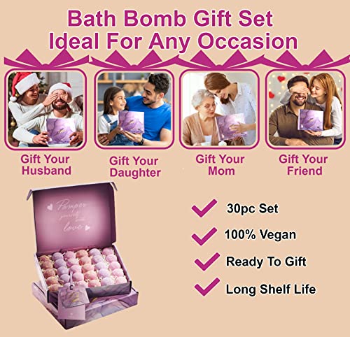 Bath Bombs Gift Set, 30pc Lavender Bath Bombs for Women, Mom, Men Natural Spa Bubble Bath Bomb, Shower & Bath Accessories for Women, Bath Gift for Birthday, Pampering Relaxing Aromatherapy