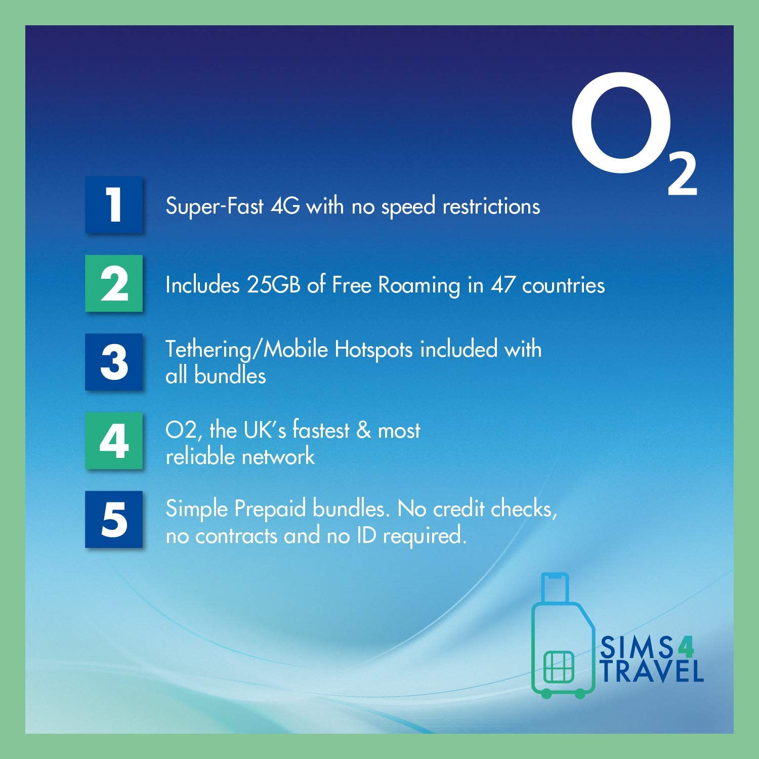 Sims4Travel Prepaid O2 SIM Card Pre-Loaded with 25GB of 4G/5G Data for use in 47 Countries Worldwide (Valid for 30 Days). No Commitments, No Checks, No Tie-ins and No Personal ID. Easy to Renew