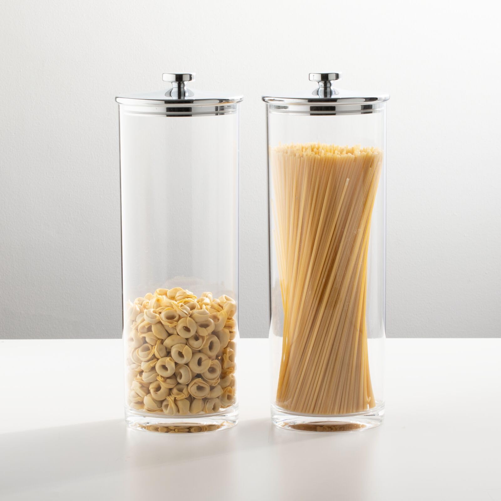 mDesign Tall Acrylic Airtight Apothecary Storage Organizer Canister Jars - Plastic Containers with Lid for Kitchen - Holder for Pantry or Countertop, Lumiere Collection, 2 Pack, Clear/Chrome