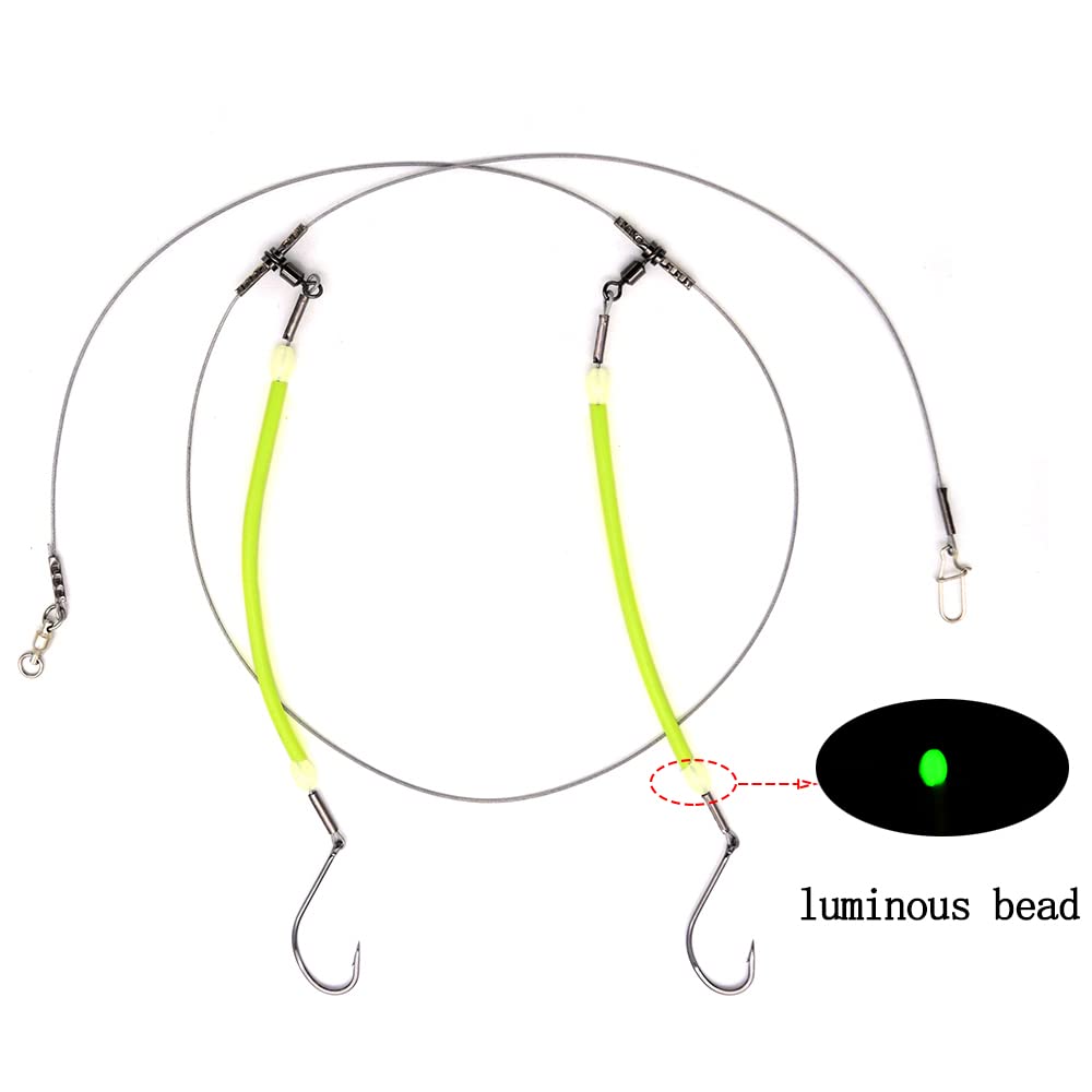 High-Strength 49 Strands Steel Surf Fishing Rigs with 2 Hooks,Saltwater Fishing Assecories Nylon-Coating Steel Wire with Hooks Swivels Snap Connect 2 Arm Rig (Hook Size 14#)