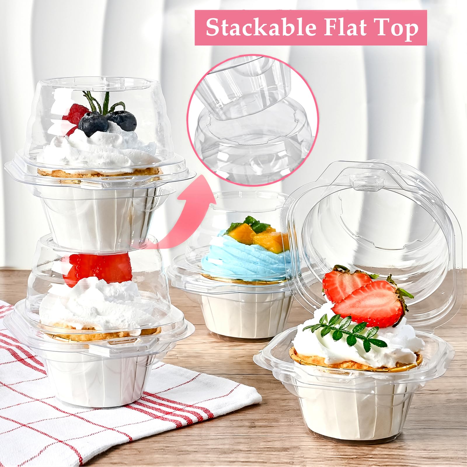 TOFLEN Individual Cupcake Containers (100-Count) Bulk Disposable Plastic Cupcake Holder, Stackable Deep Dome Lid Cupcake To Go Box for Single Muffin, Hot Cocoa Bomb and More